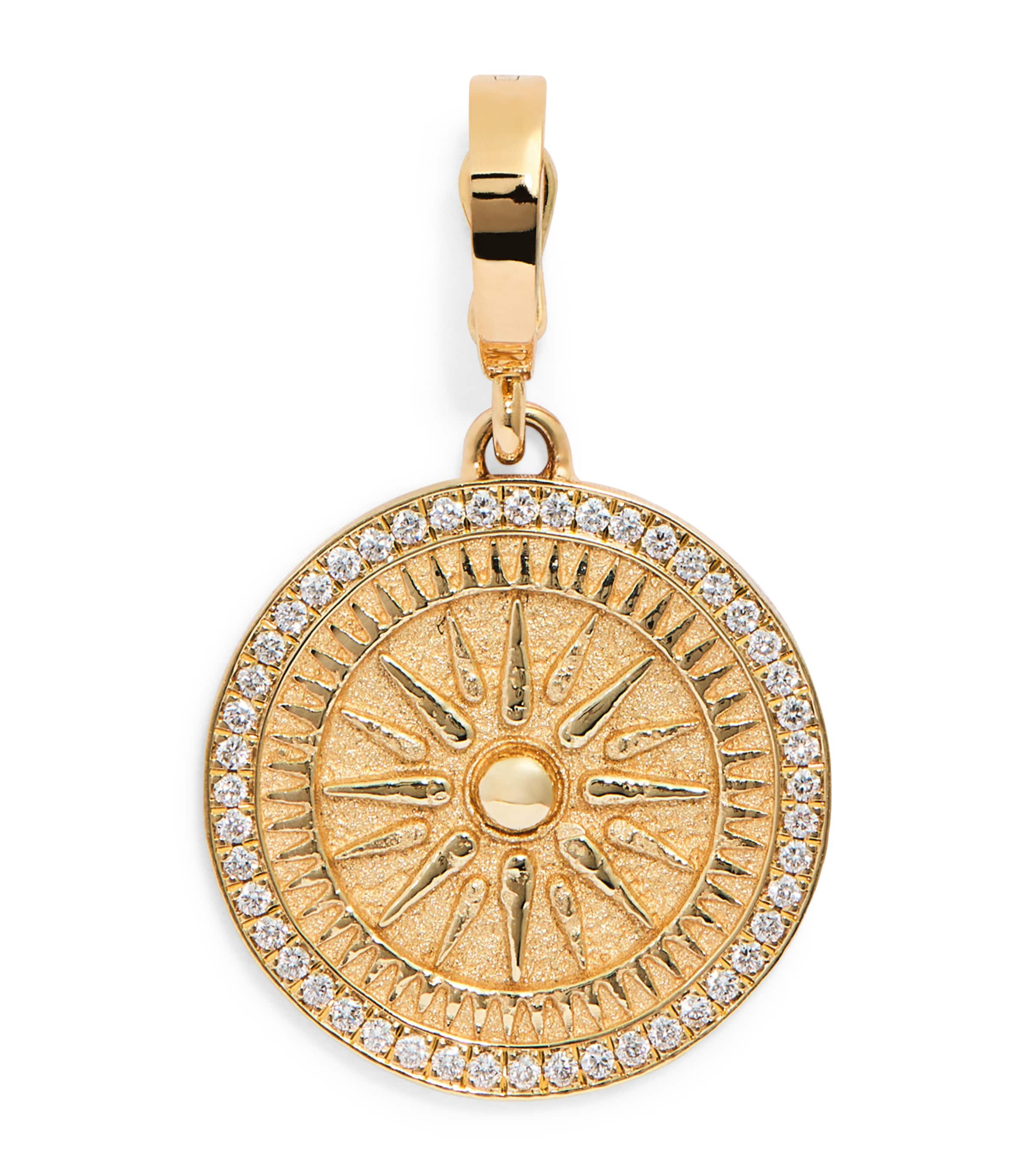 Azlee Small Yellow Gold and Diamond Sunburst Coin Charm | Harrods IN