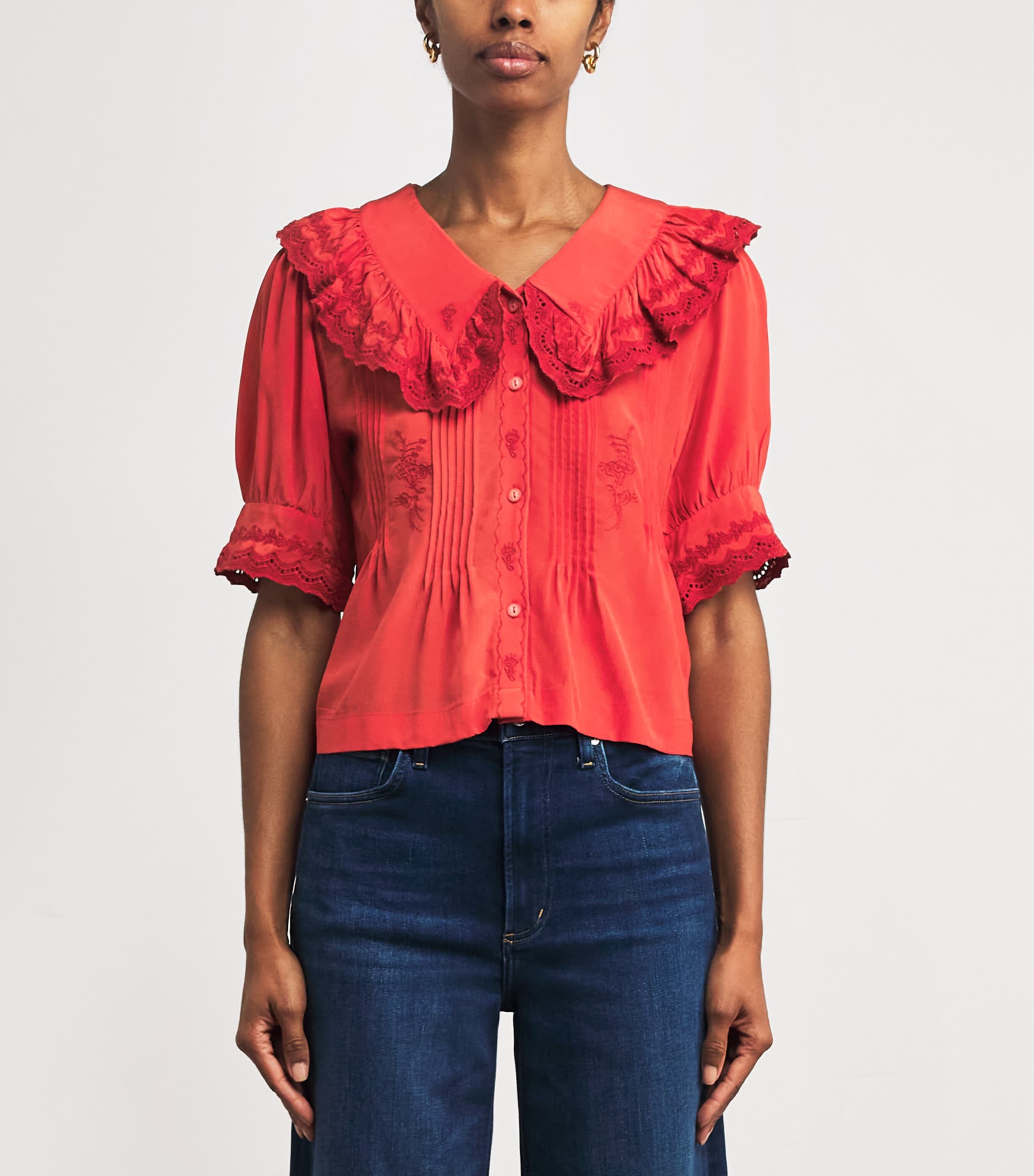 Rixo Red Silk Embroidered Quince Blouse | Harrods US
