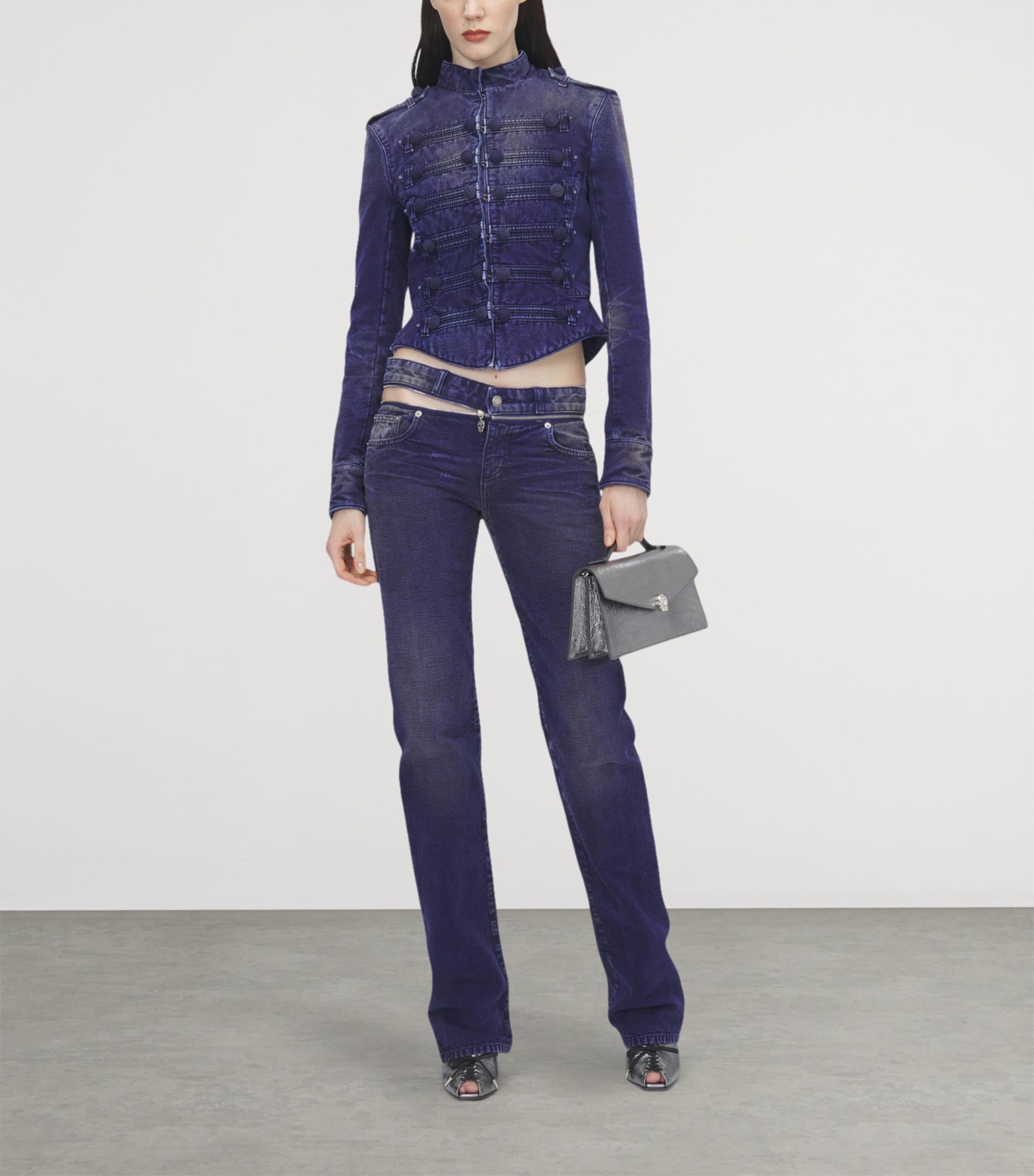 McQueen Blue Slashed Zip Low-Rise Bootcut Jeans | Harrods CA