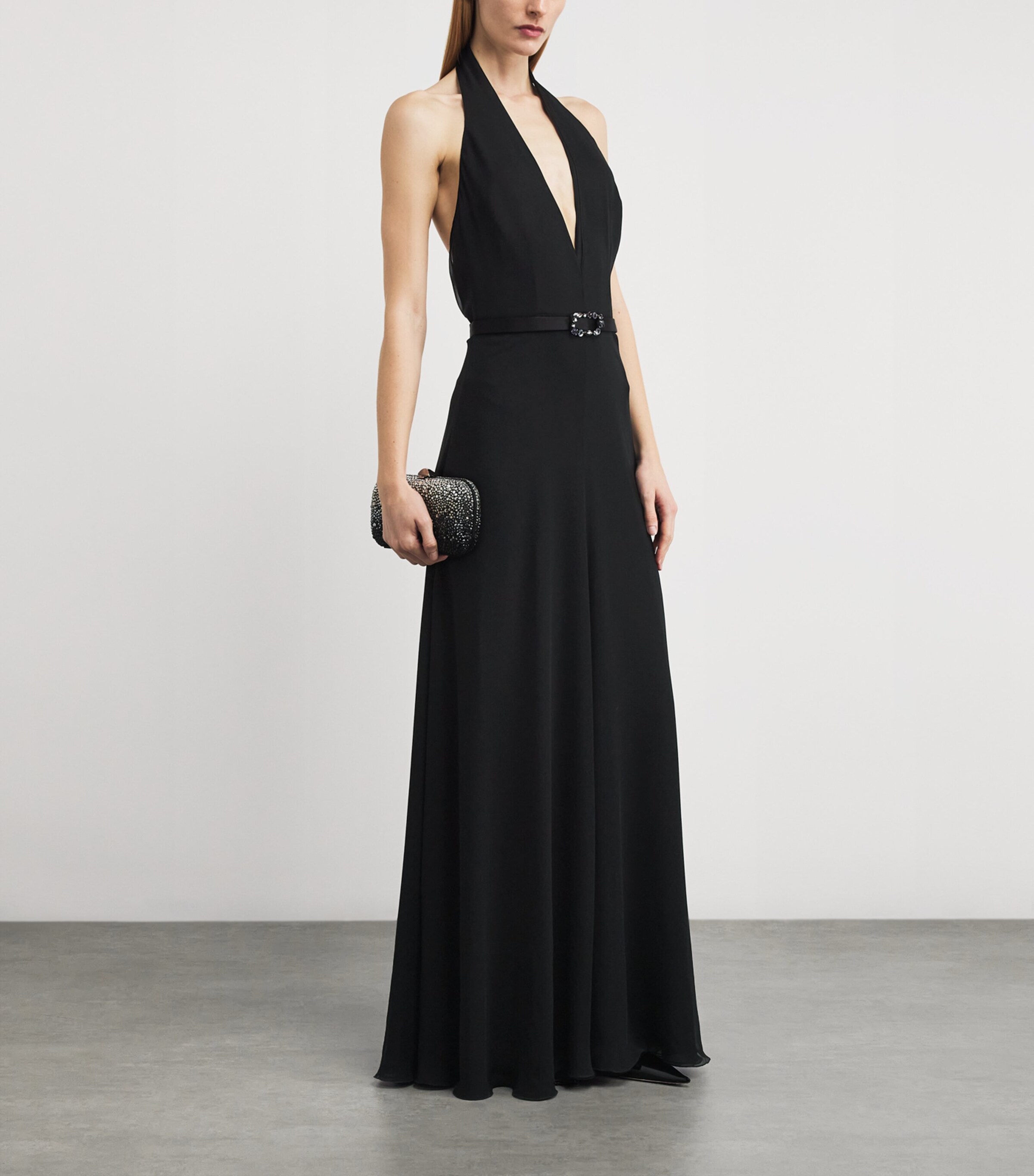 Safiyaa Black Chiffon Belted Morgana Gown | Harrods UK