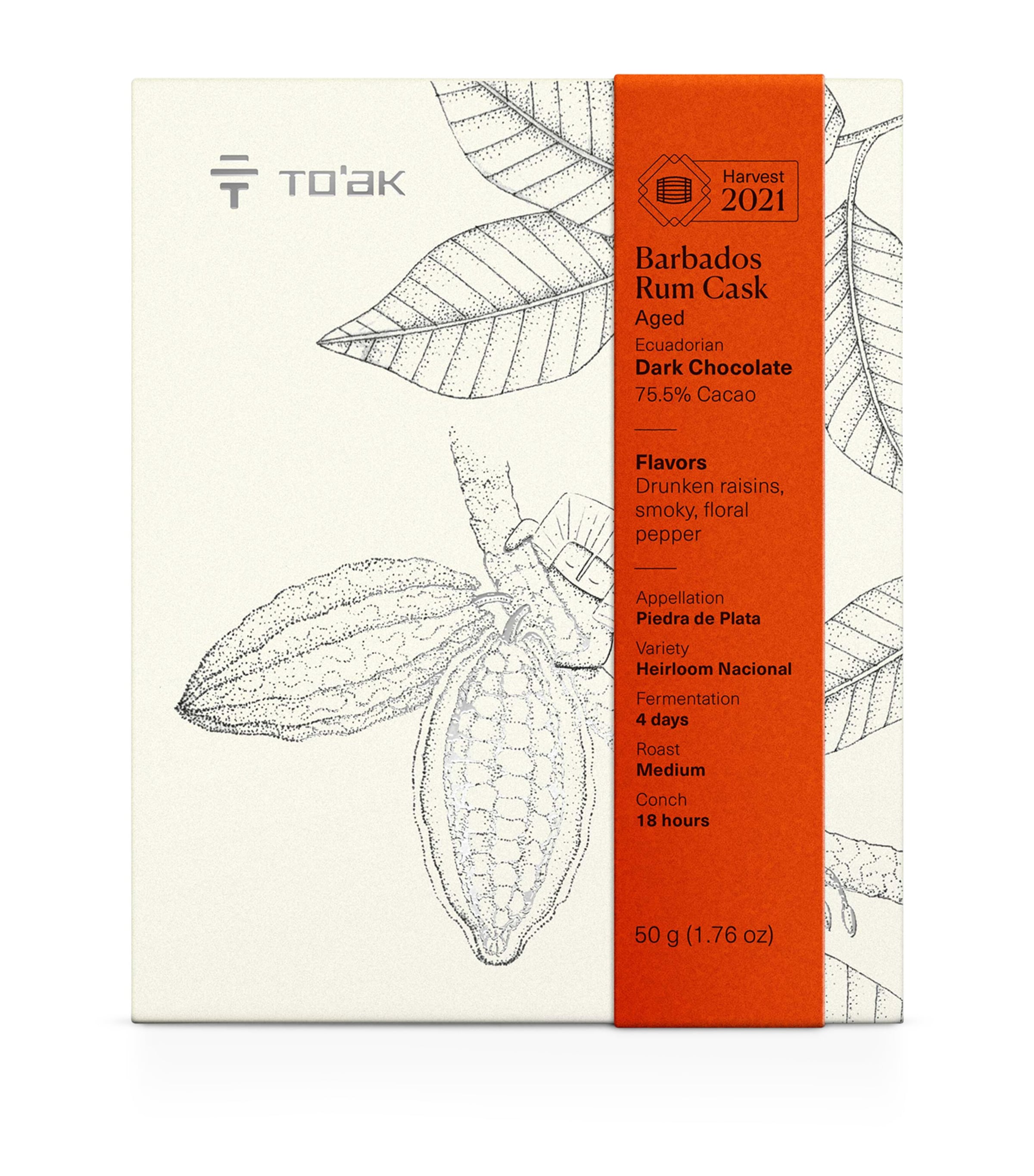 To'ak Barbados Rum Cask-Aged Harvest 2021 Ecuadorian Dark Chocolate Bar ...