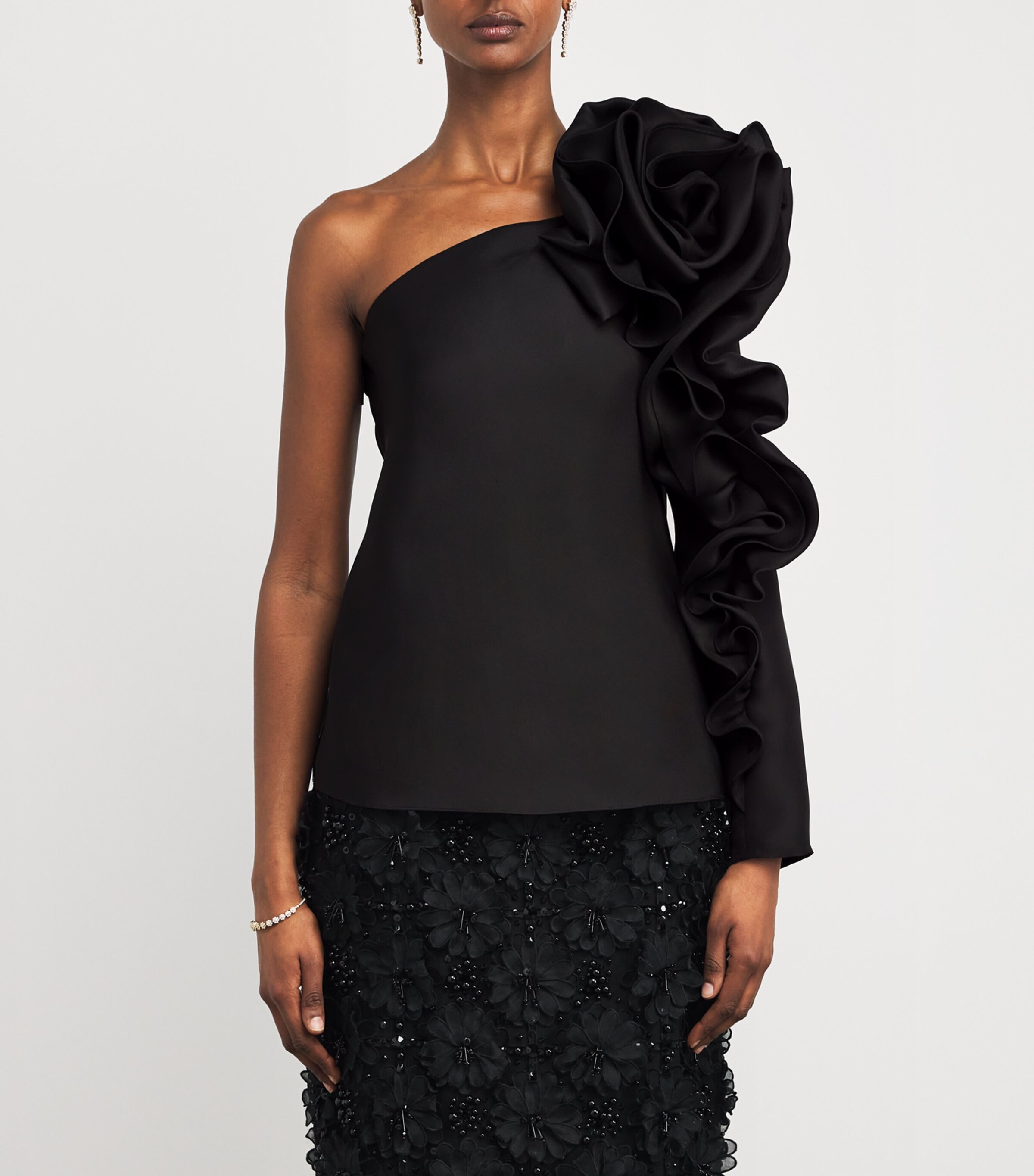 Carolina Herrera Black Silk Asymmetric Rosette Top | Harrods US
