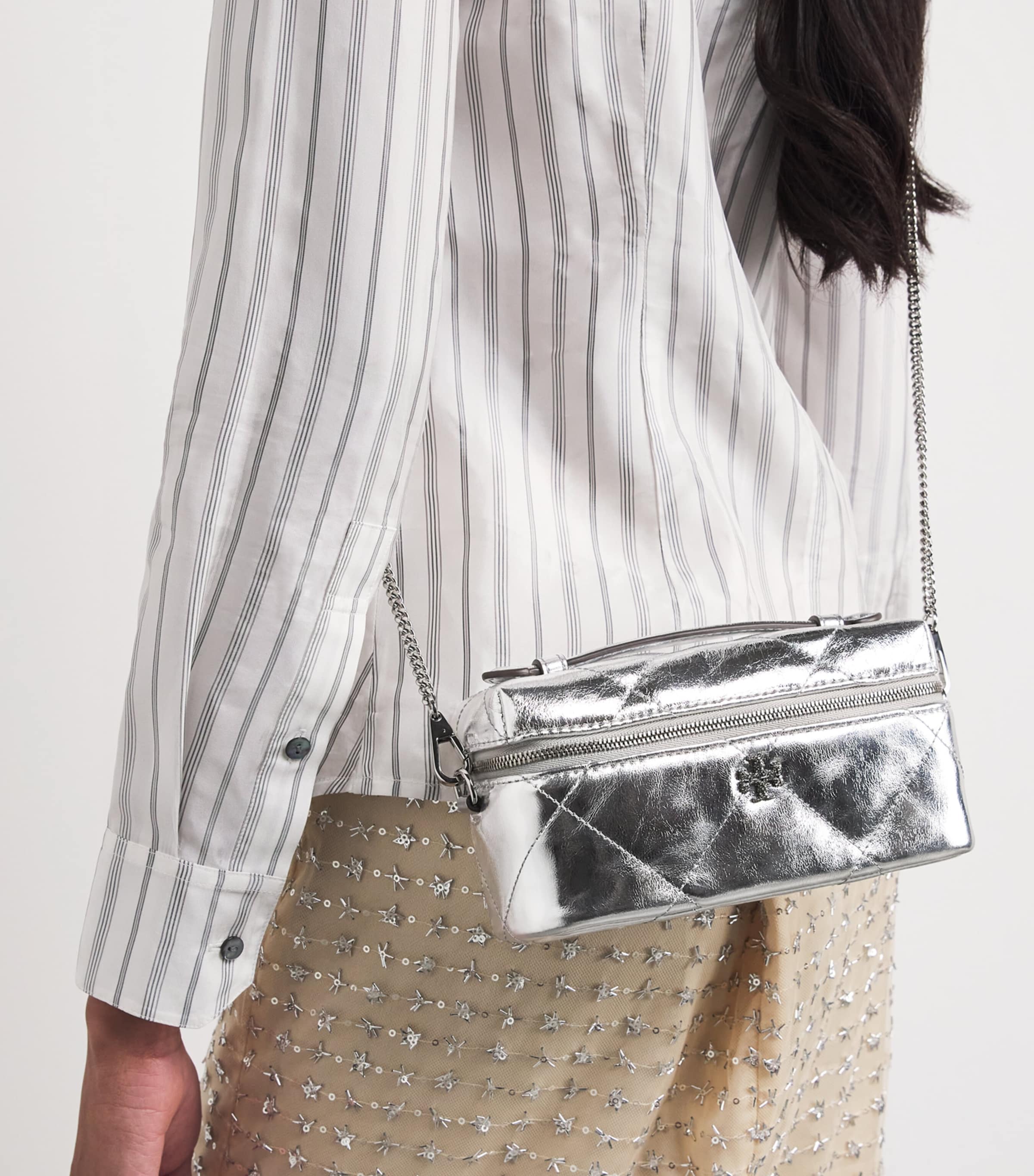 Tory Burch Silver Leather Quilted Kira Vanity Case Bag | Harrods IT