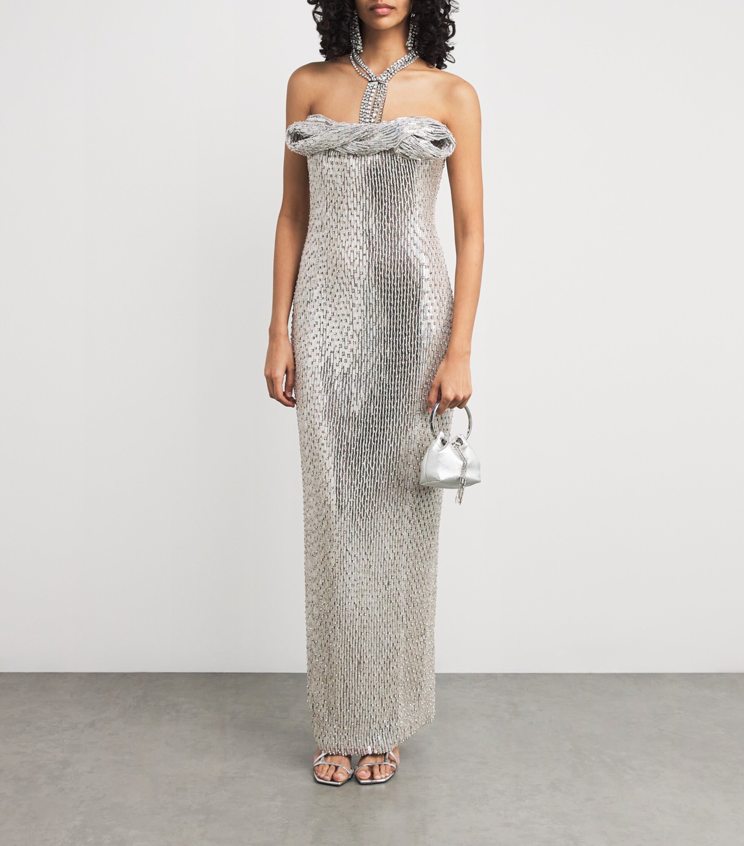 Rachel Gilbert Silver Hand-Beaded Rosalie Column Gown | Harrods UK