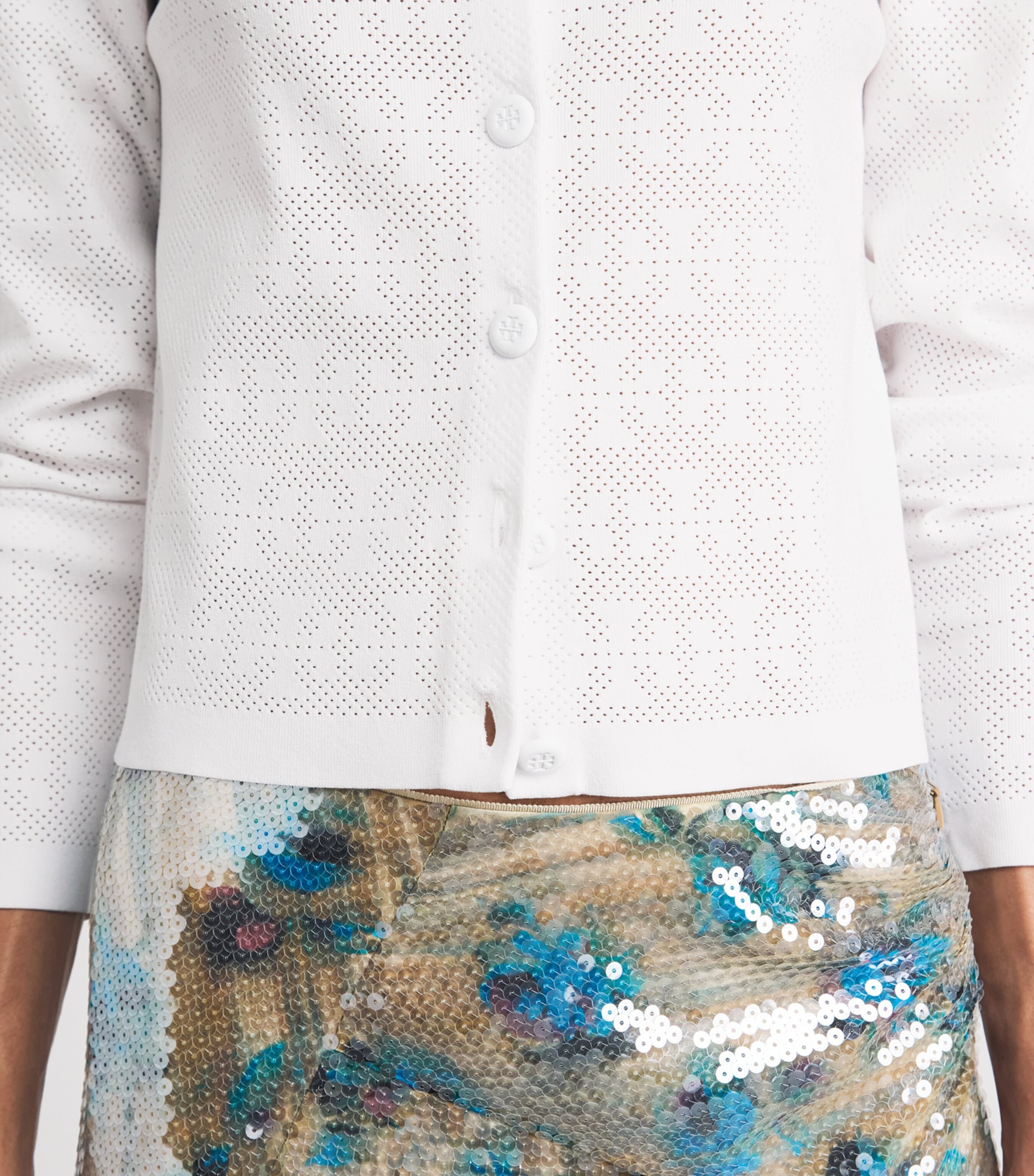 Tory Burch White Pointelle-Knit Monogram Cardigan | Harrods US