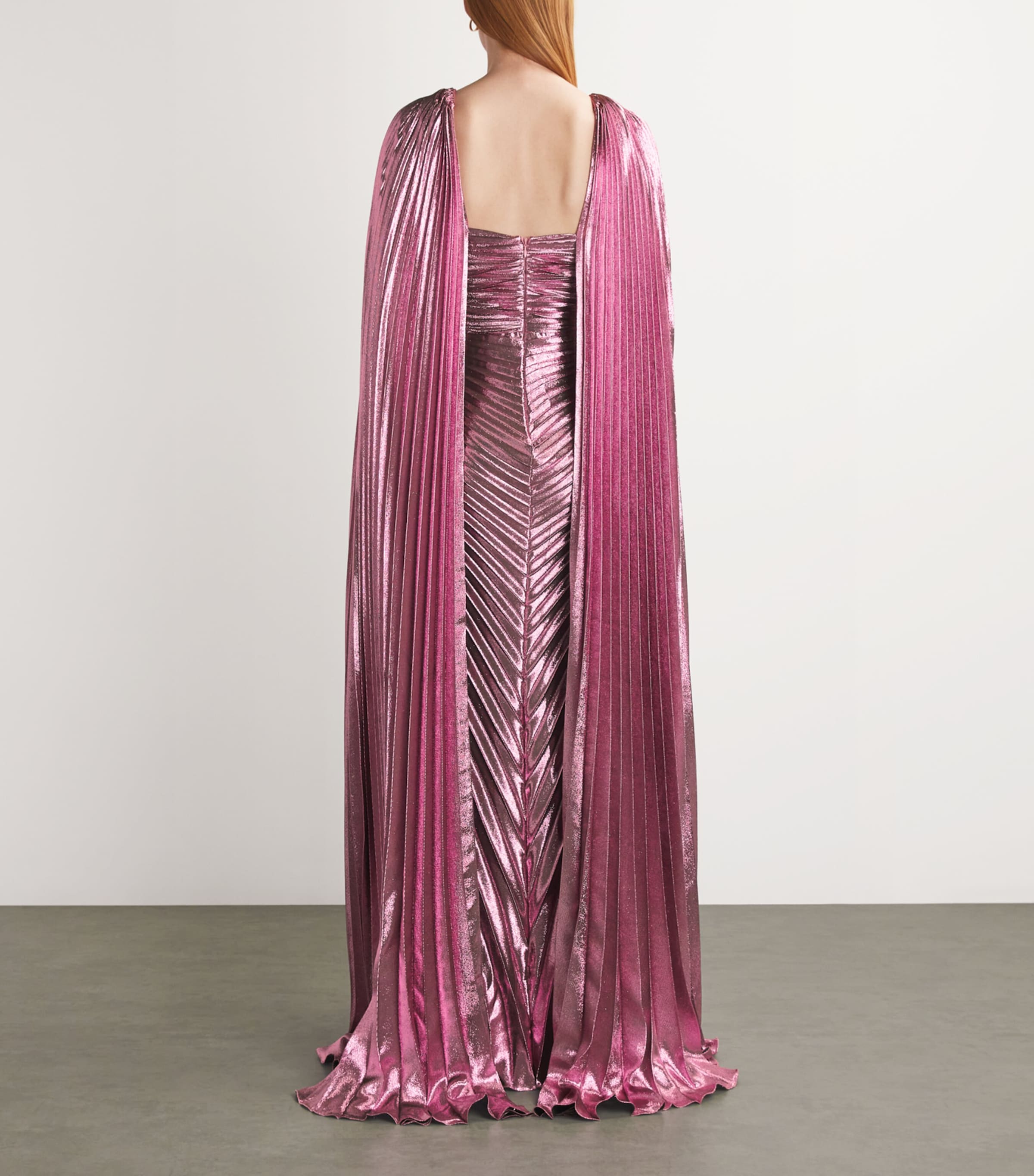 Zuhair Murad Pink Metallic Pleated Cape Gown | Harrods UK