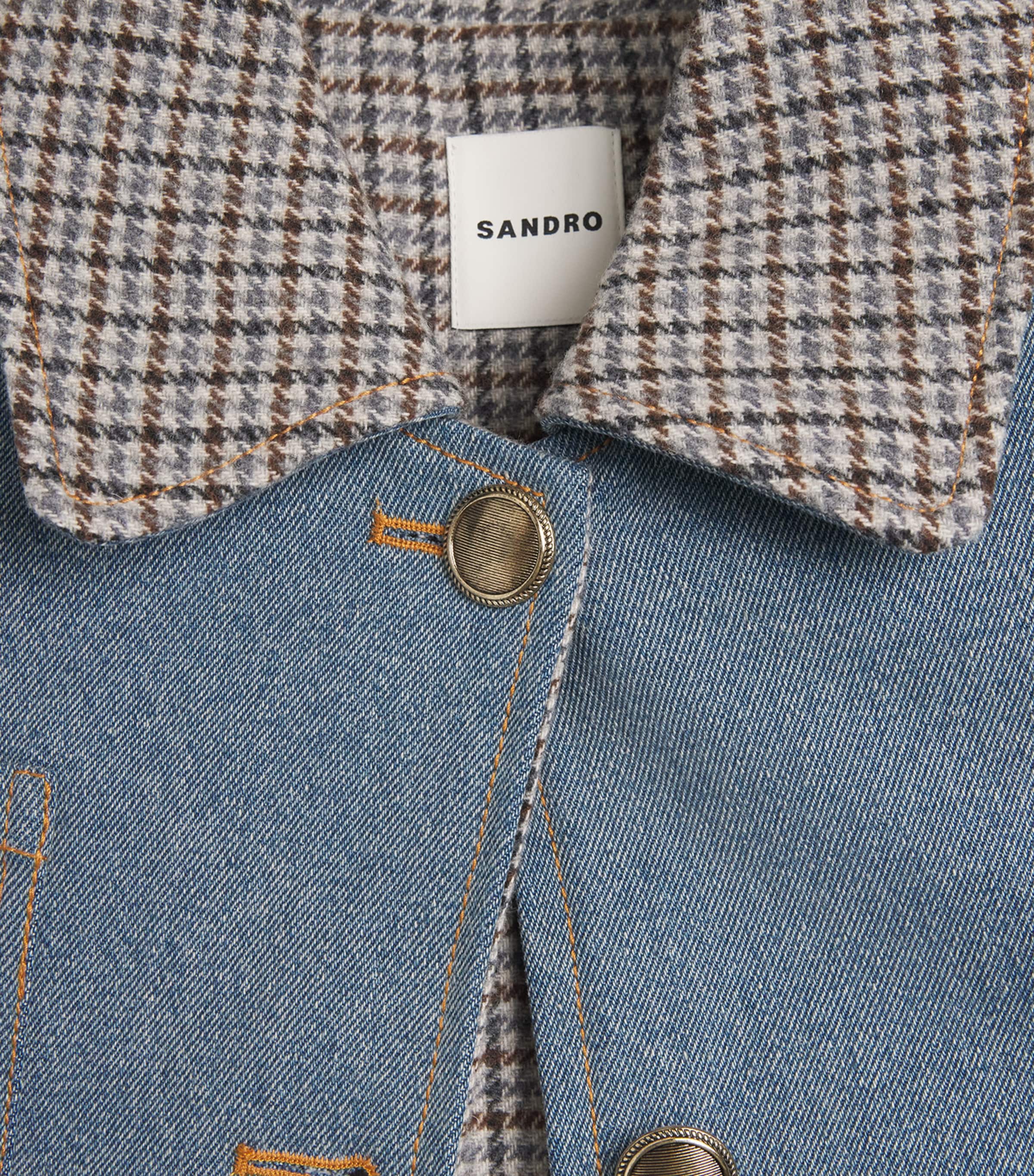 Sandro Paris Blue Denim Check-Trim Jacket | Harrods FR