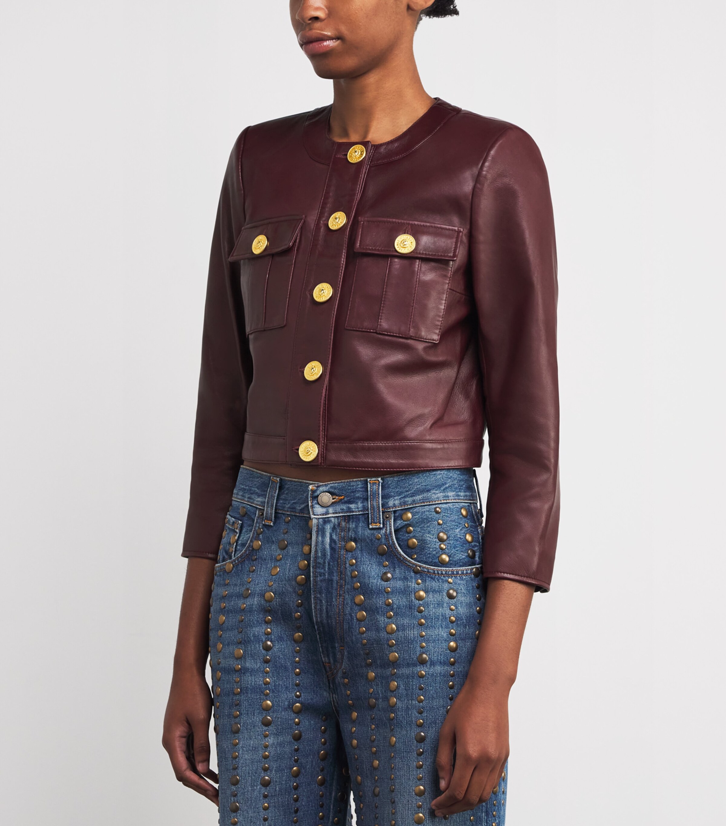 L'Agence Red Leather Collarless Deidra Jacket | Harrods CA