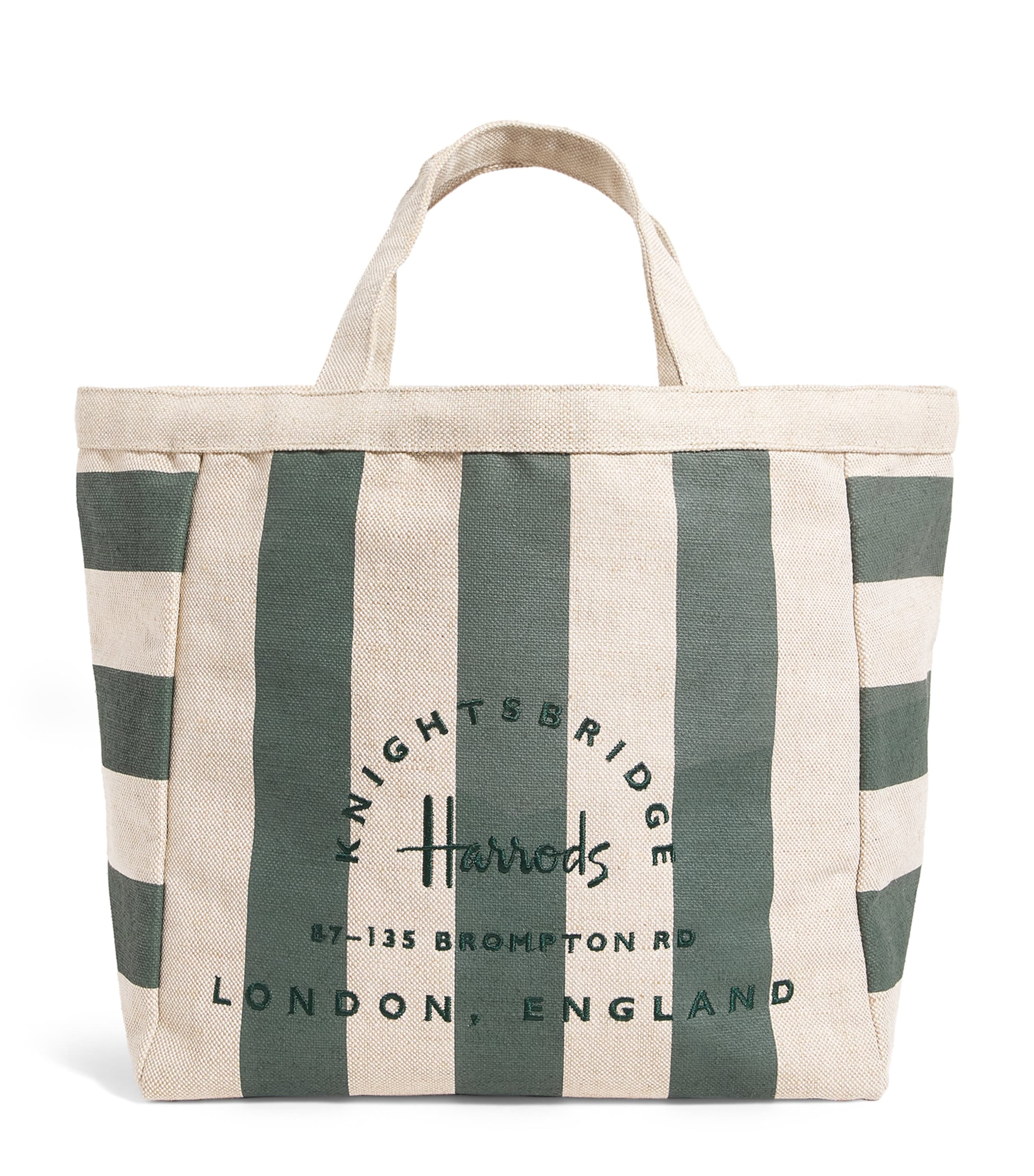 Harrods Green Large Jute Striped Logo Tote Bag | Harrods UK
