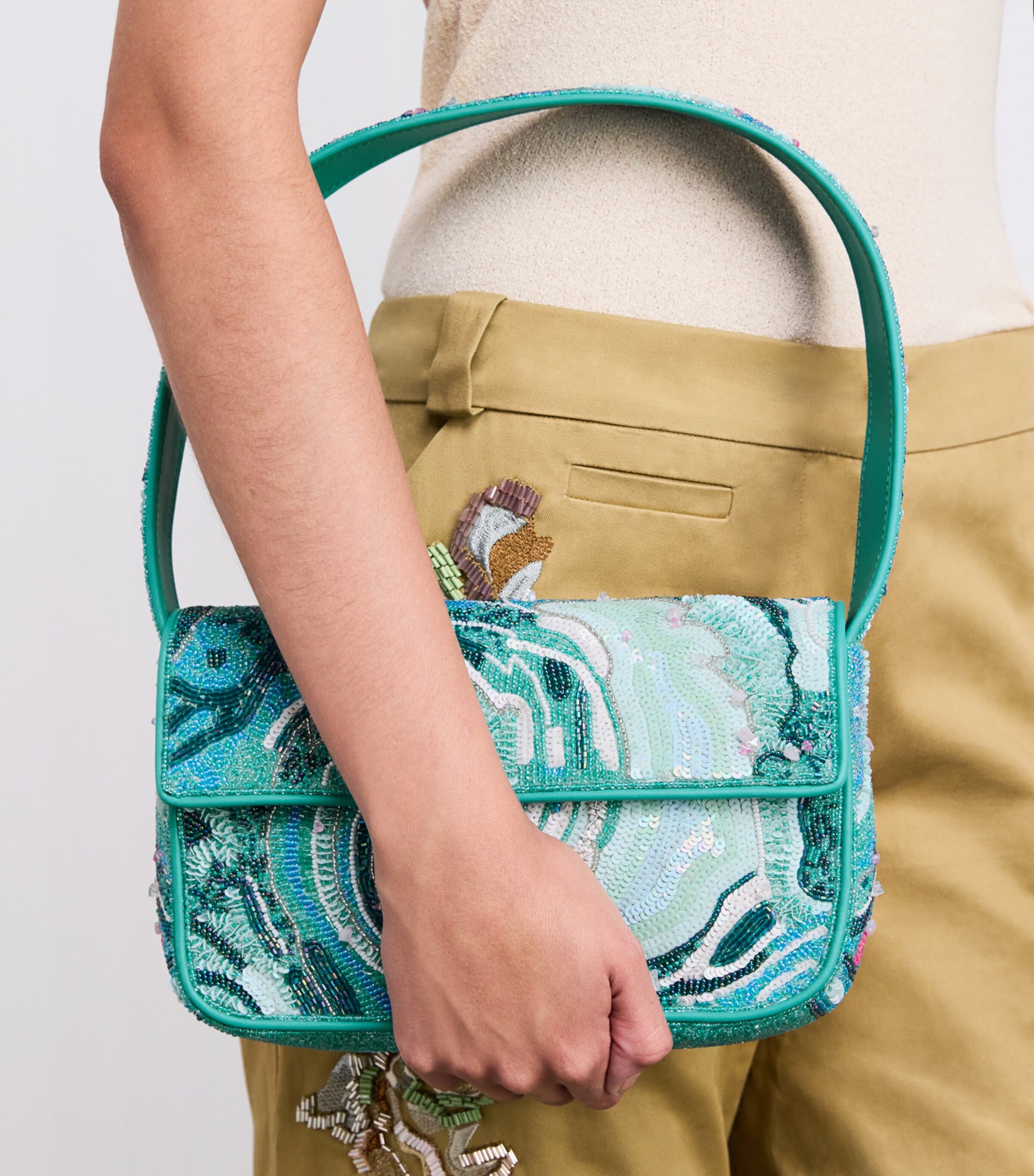 STAUD Blue Beaded Tidal Wave Tommy Shoulder Bag | Harrods UK