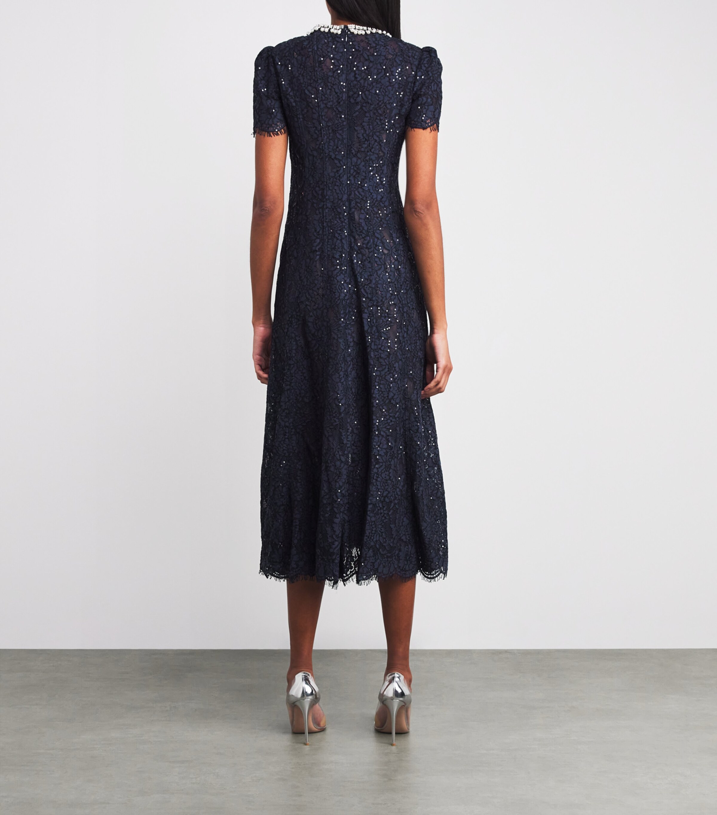 Self-Portrait Navy Sequin-Lace Embellished-Neck Midi Dress | Harrods US