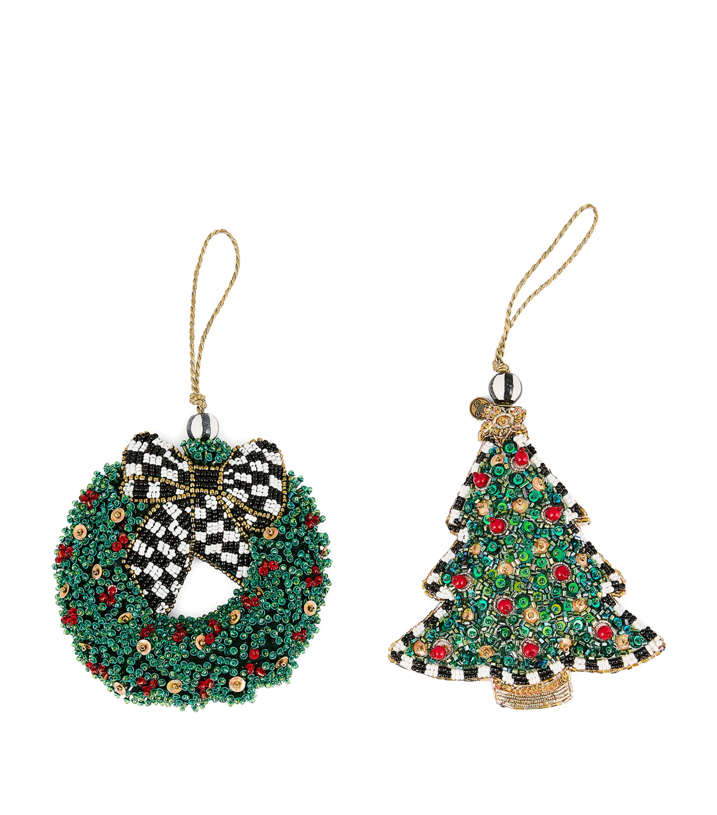 MacKenzie-Childs Green Set of 2 Beaded Tree Decorations | Harrods US