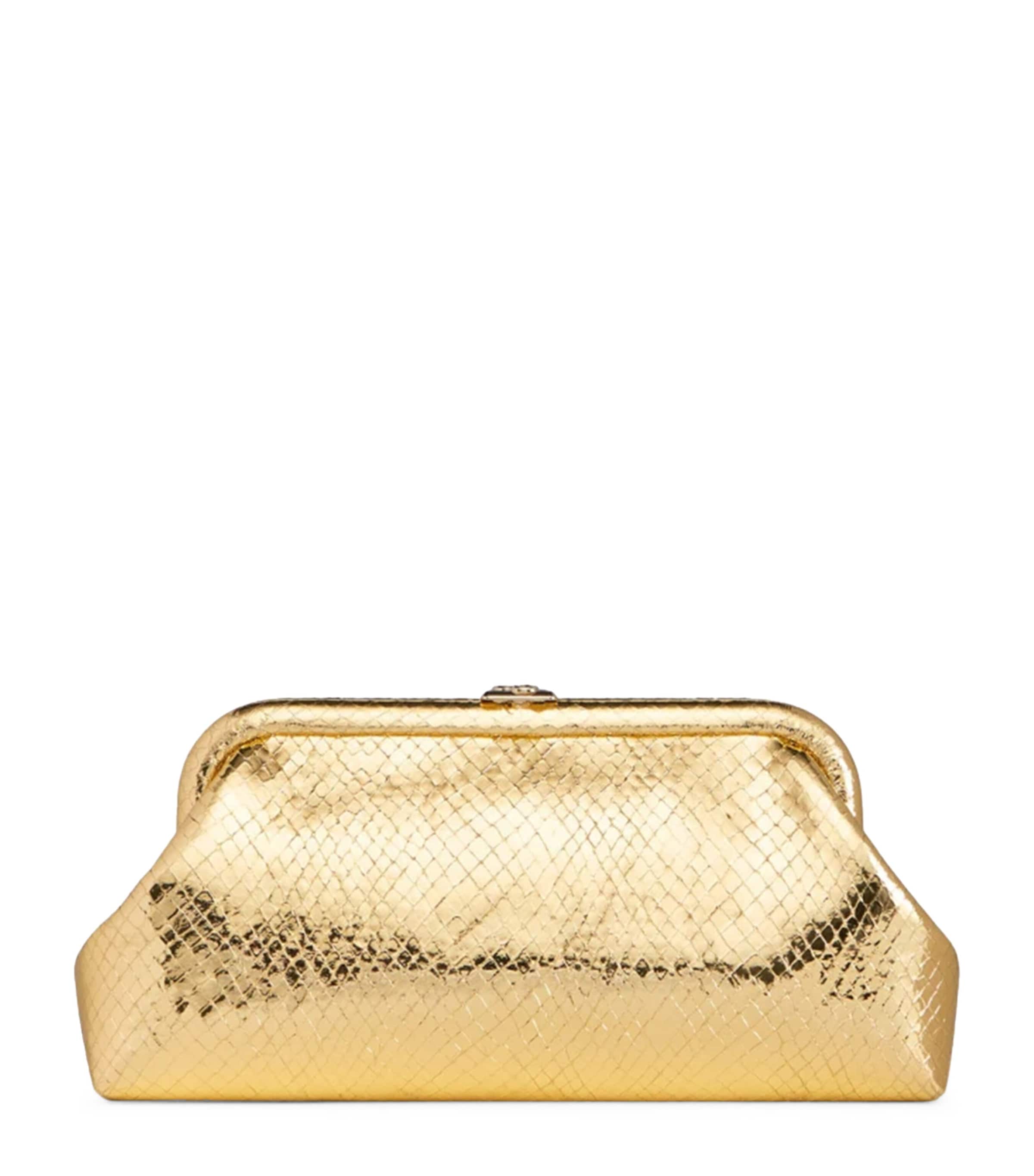 Jimmy Choo Gold Skylar Snake-Embossed Leather Clutch Bag | Harrods UK