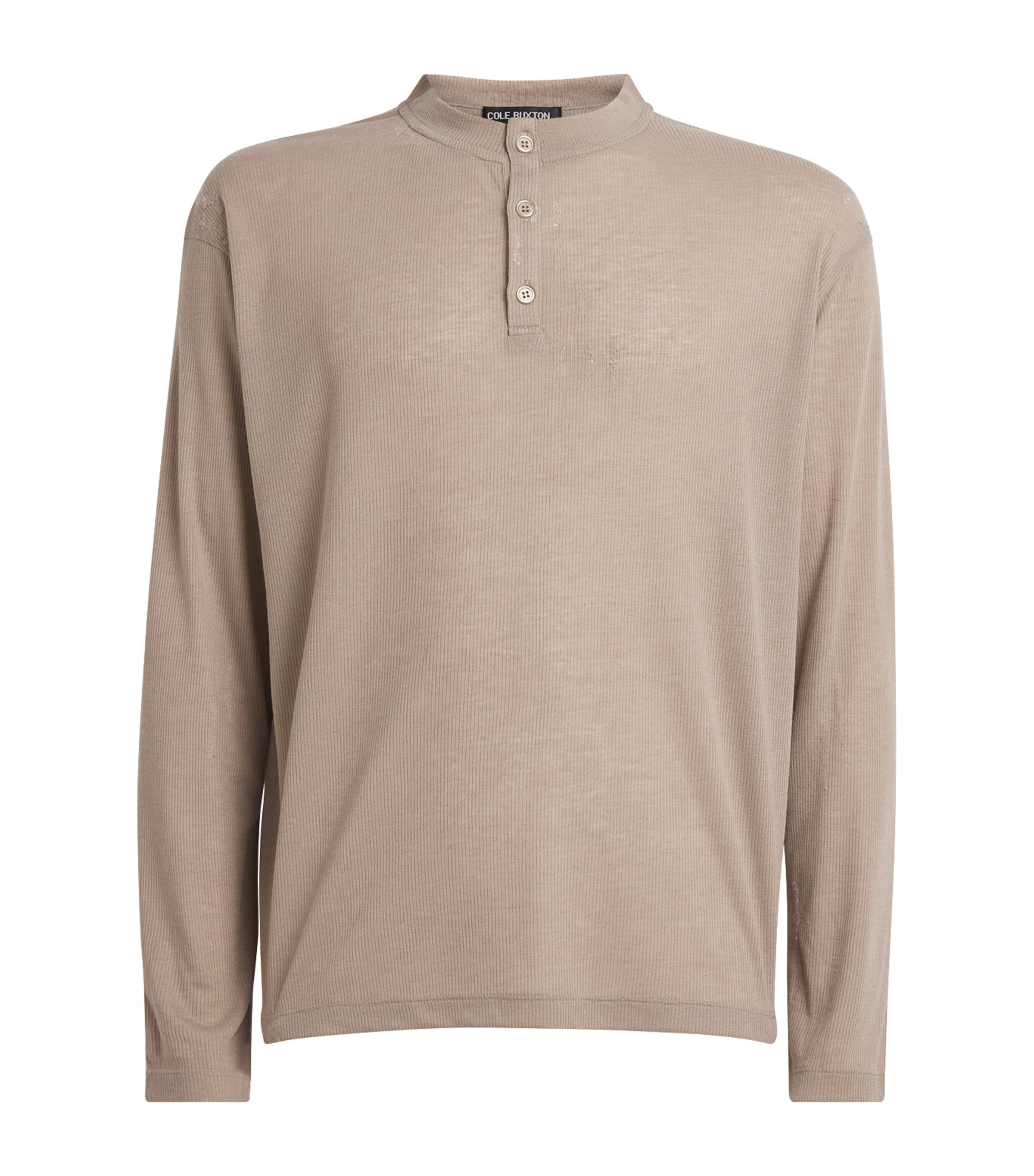COLE BUXTON Brown Distressed-Detail Long-Sleeve Henley T-Shirt | Harrods UK